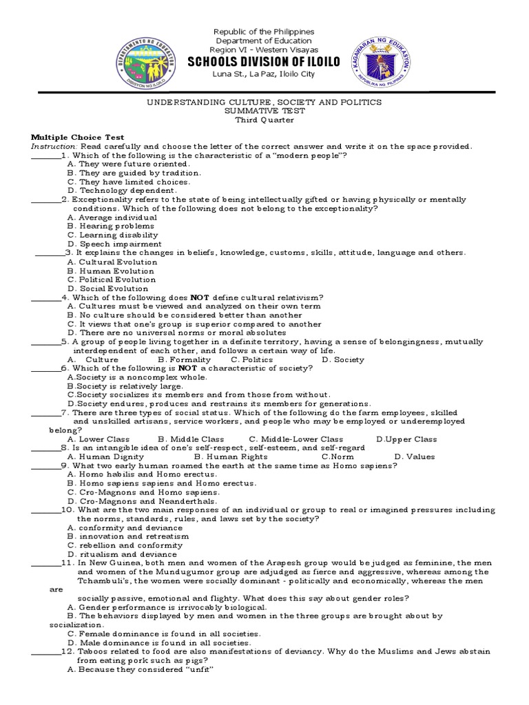 UCSP Grade 11 Third Quarter Exam | PDF | Homo | Society
