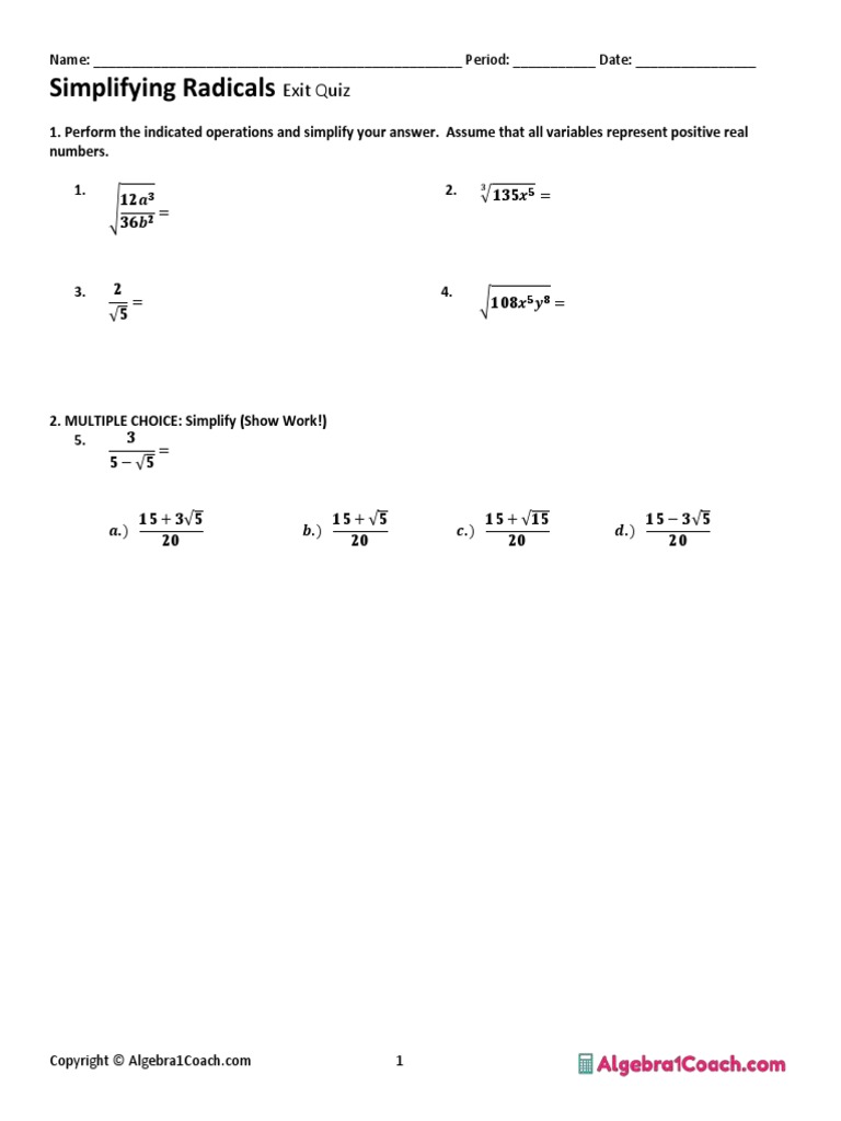 10 2 Exit Quiz Simplifying Radicals | PDF | Teaching Mathematics