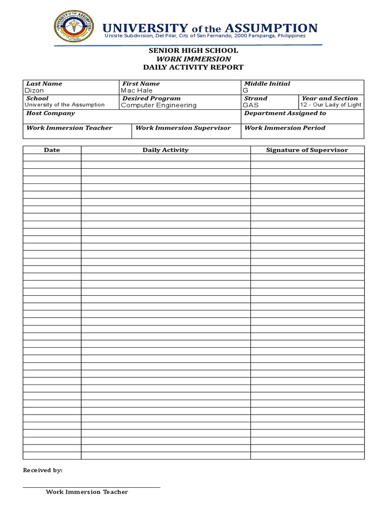 Senior High School Daily Activity Report: Work Immersion | PDF