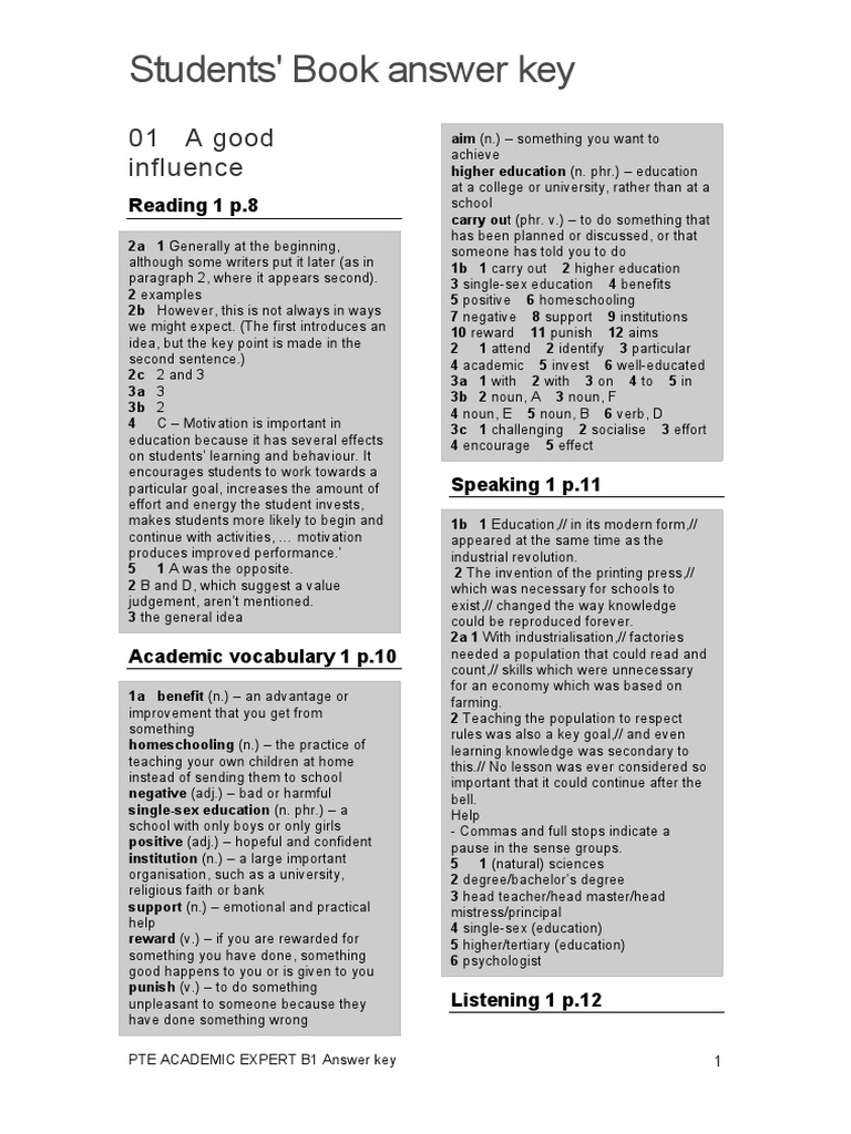 Students' Book Answer Key: 01 A Good Influence | PDF | Jealousy | Adverb