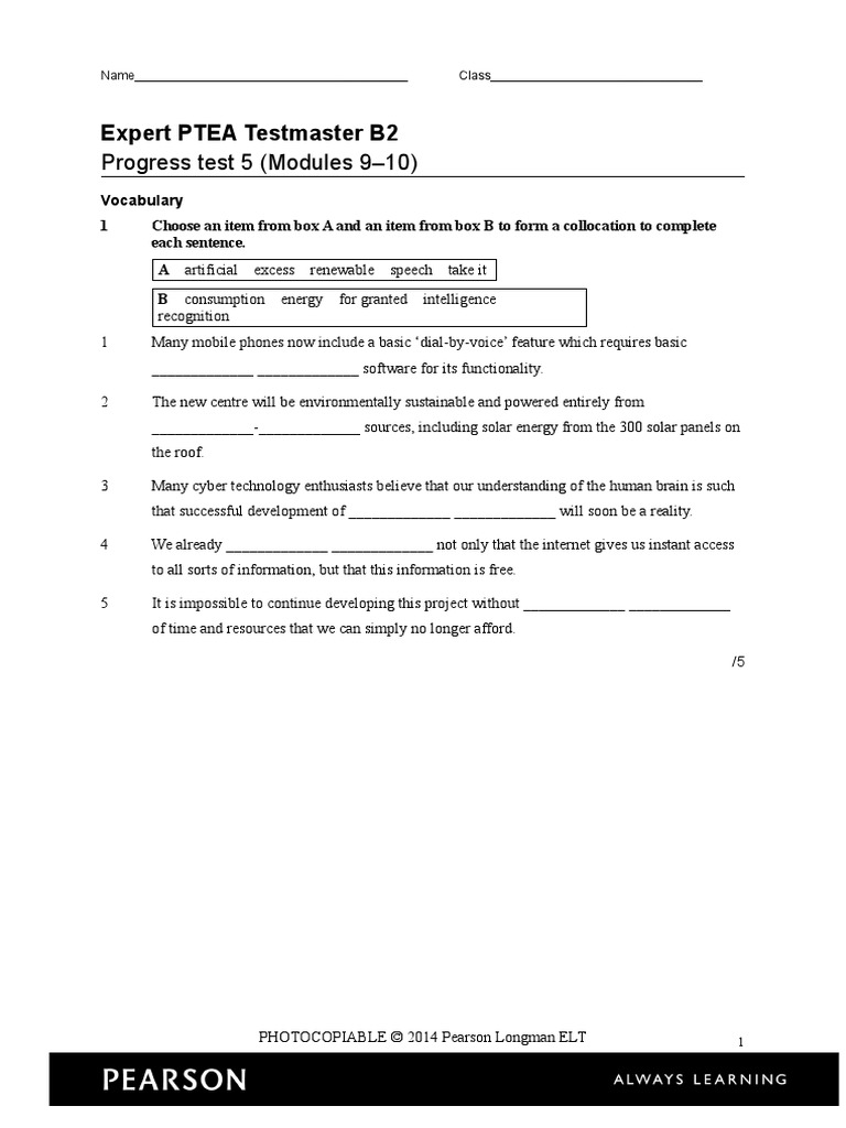 Progress Test 5 (Modules 9-10) : Expert PTEA Testmaster B2 | PDF ...