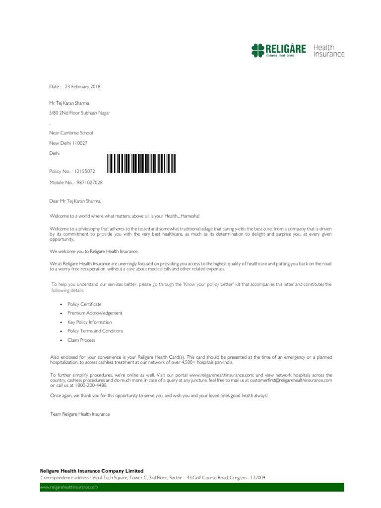Thank You For Choosing Religare Health Insurance, TEJ KARAN SHARMA ...