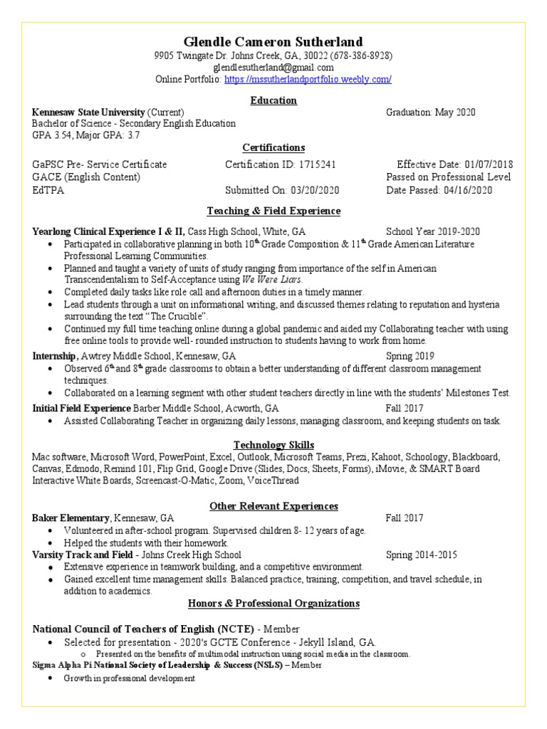 Sutherland Resume Final | PDF | Teachers | Classroom