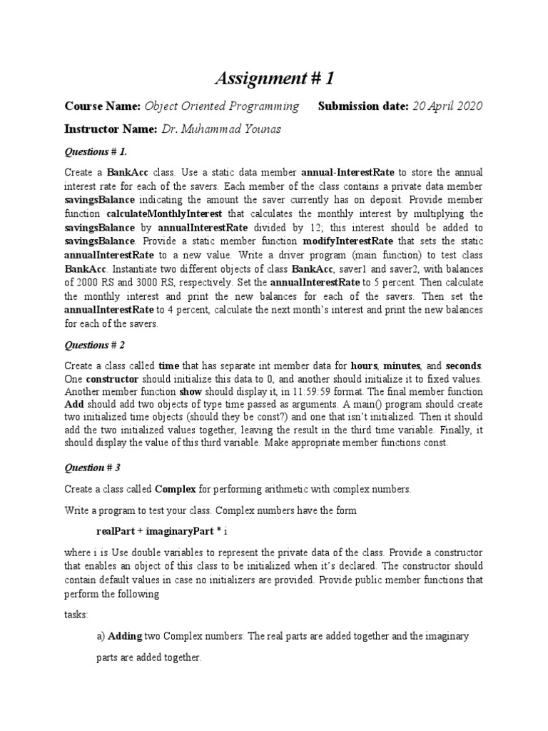 Assignment # 1 | PDF | Method (Computer Programming) | Constructor (Object Oriented Programming)