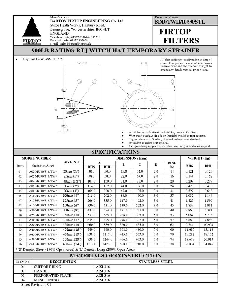Firtop Filters: 900Lb Rating RTJ Witch Hat Temporary Strainer ...