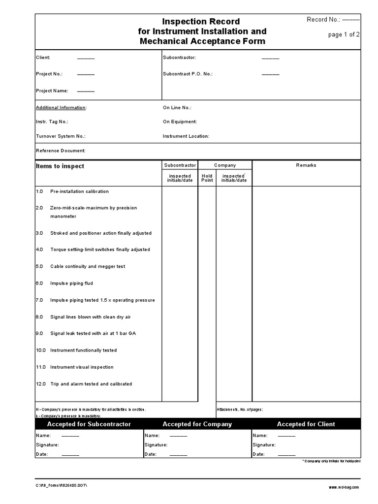 Inspection Record For Instrument Installation and Mechanical Acceptance ...