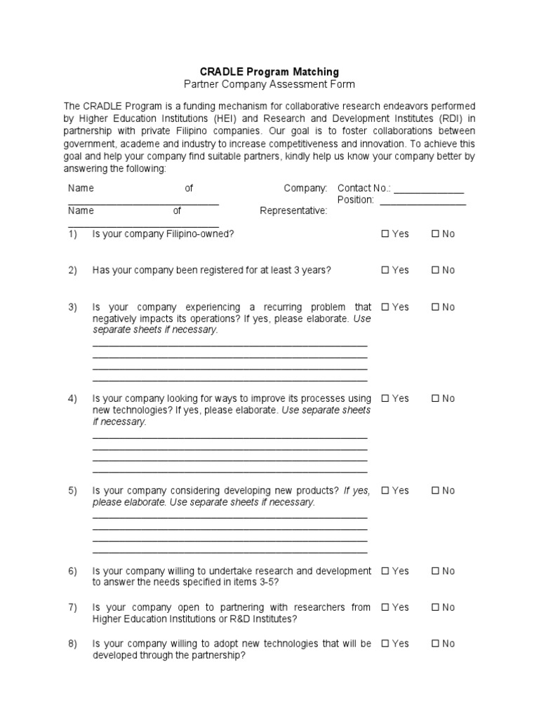 Partner Company Assessment Form | PDF | Research And Development | Learning