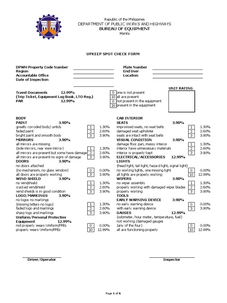 Upkeep Spot Check Form | PDF | Wheeled Vehicles | Car