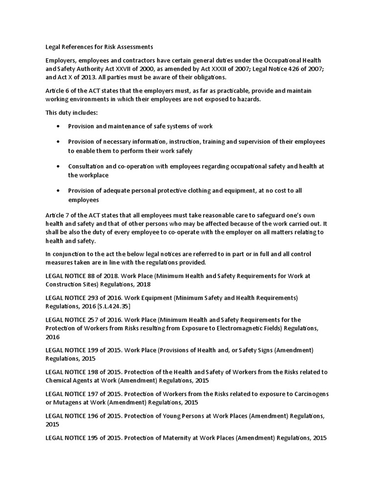 Legal References For Risk Assessments | PDF | Occupational Safety And ...
