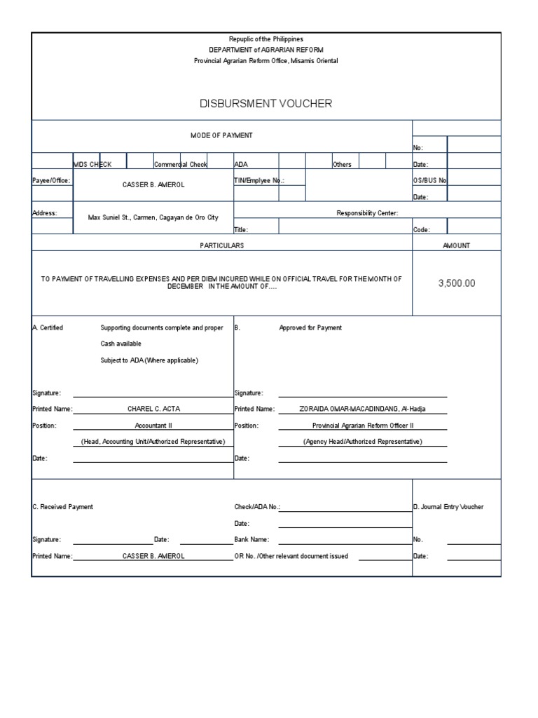 Disbursement Voucher | PDF | Per Diem | Payments