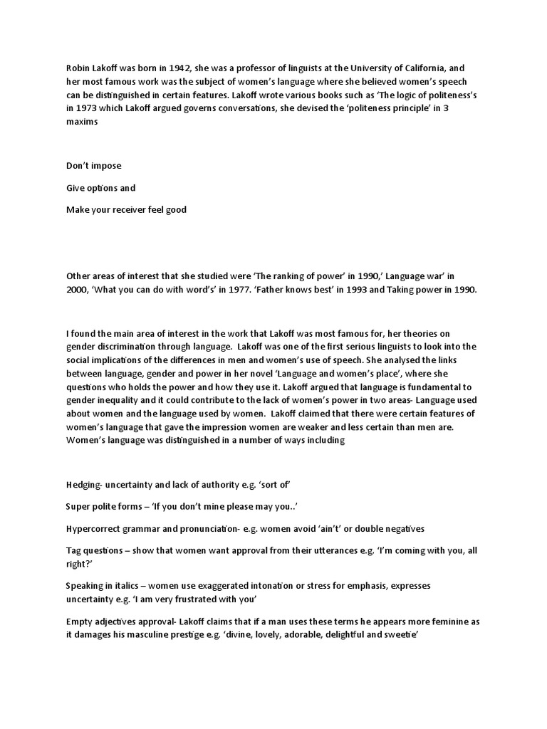 Robin Lakoff Was Born in 1942 | PDF | Question | Speech