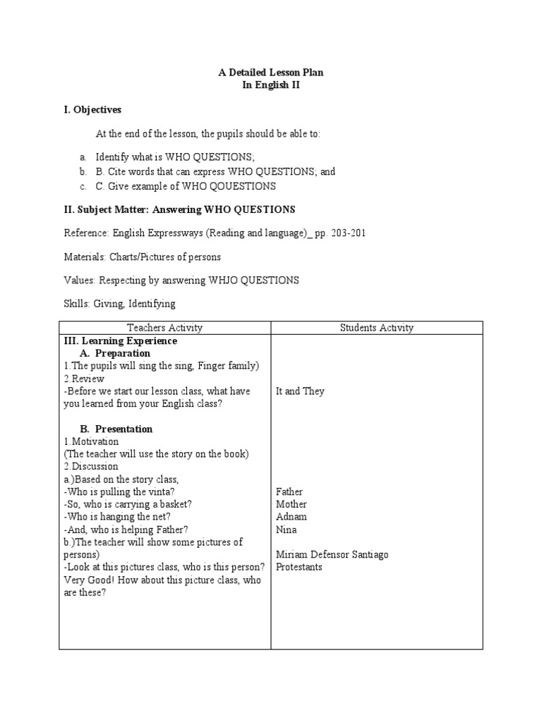 A Detailed Lesson Plan in English II I. Objectives | PDF | Lesson Plan ...