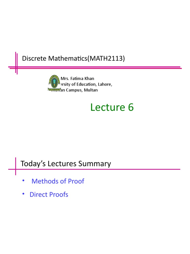 Discrete Mathematics (MATH2113) : Mrs. Fatima Khan University of Education, Lahore, Multan ...