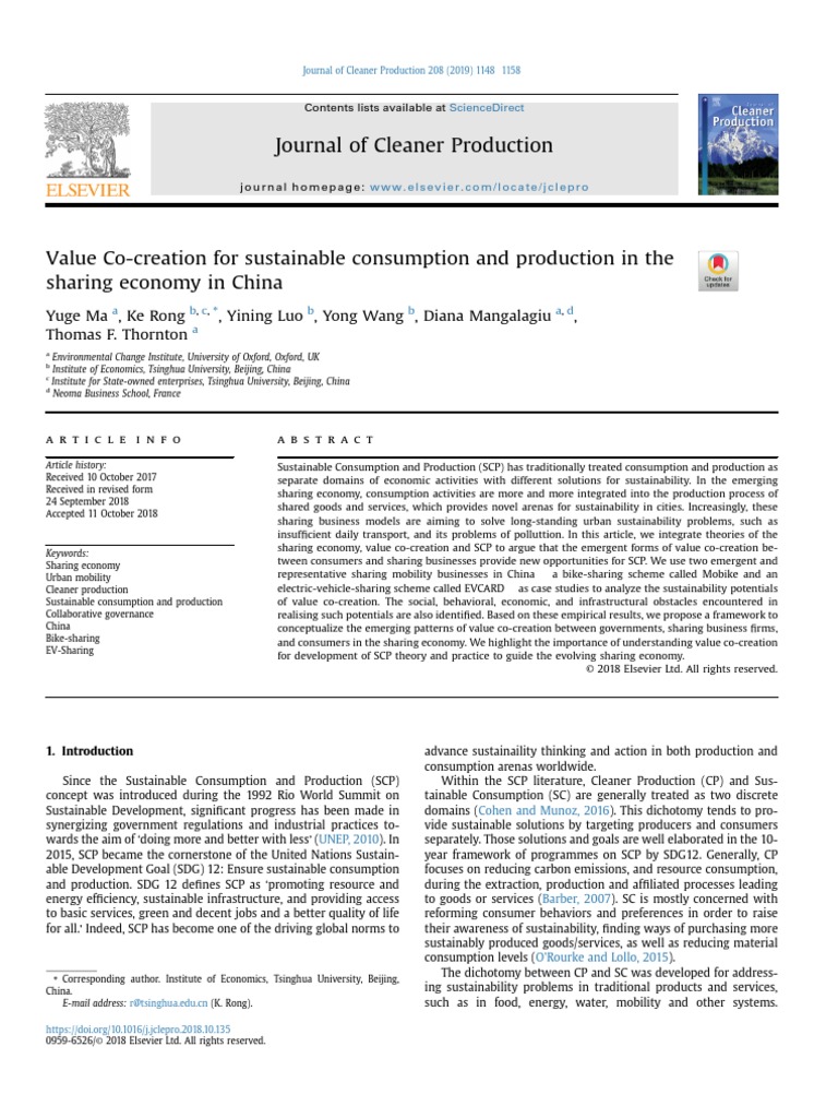 Journal of Cleaner Production: Yuge Ma, Ke Rong, Yining Luo, Yong Wang ...