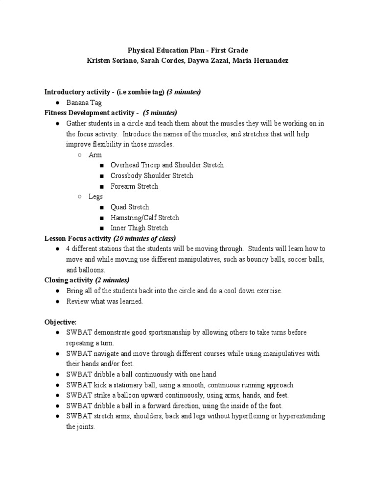 Physical Education Plan - First Grade Kristen Soriano, Sarah Cordes ...