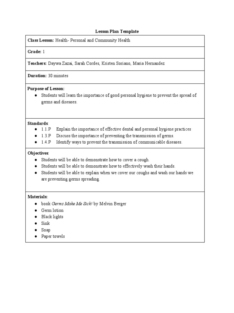Health Lesson Plan | PDF | Hand Washing | Hygiene