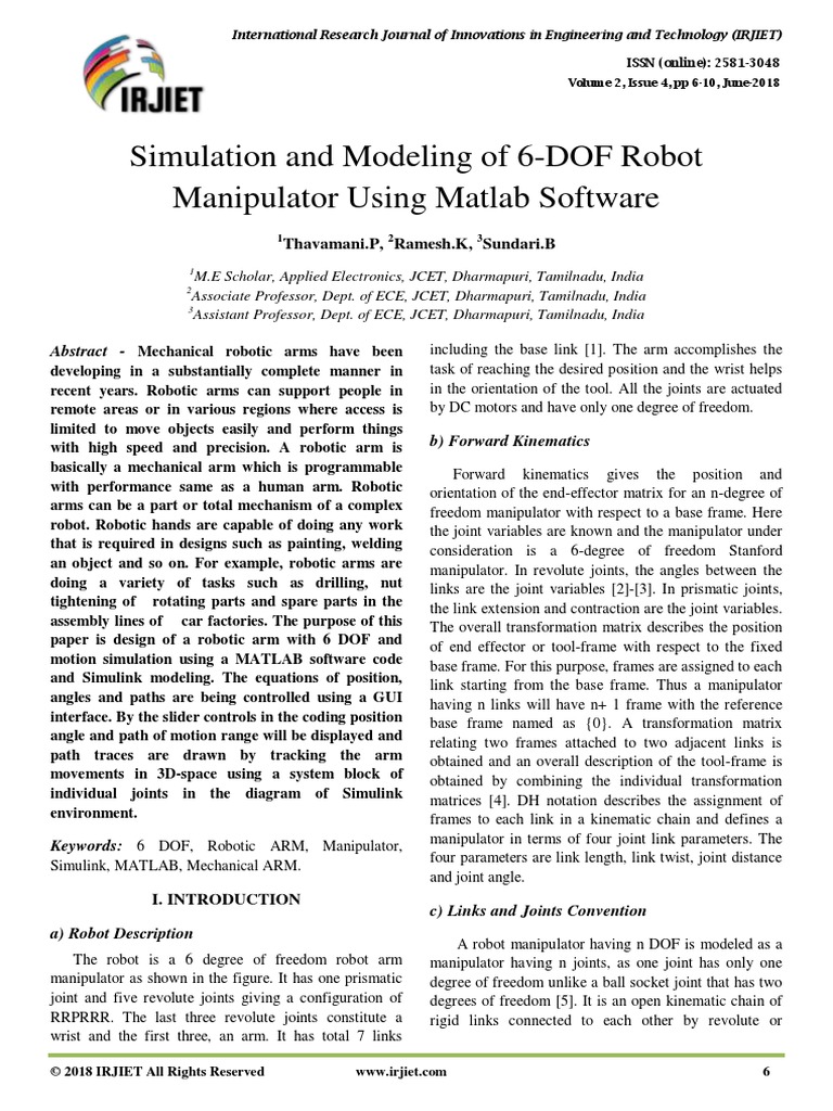 Simulation and Modeling of 6-DOF Robot Manipulator Using Matlab ...