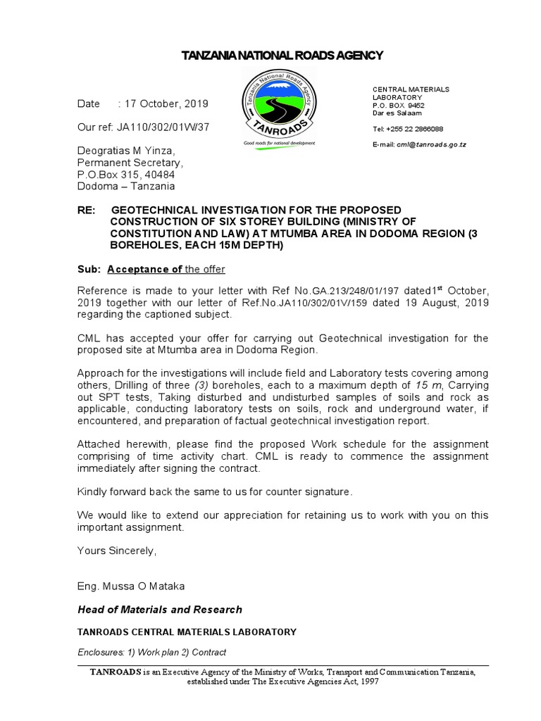 Covering Letter Geotechnical - Kigoma | PDF | Geotechnical Engineering ...