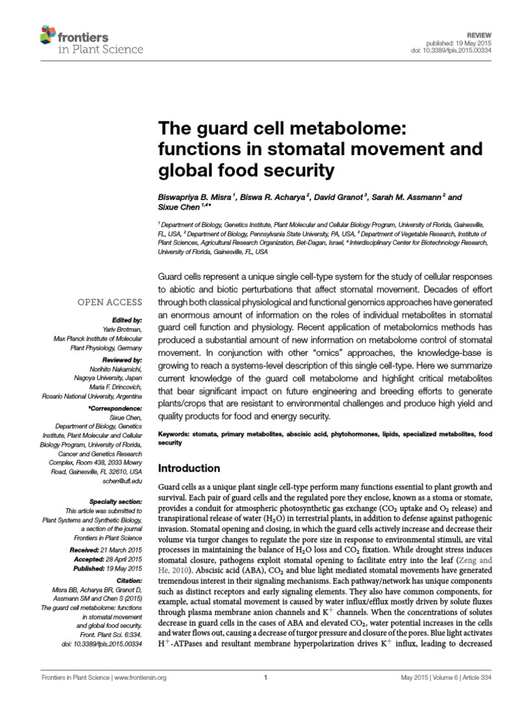 The Guard Cell Metabolome-Functions in Stomatal Movement and Global ...