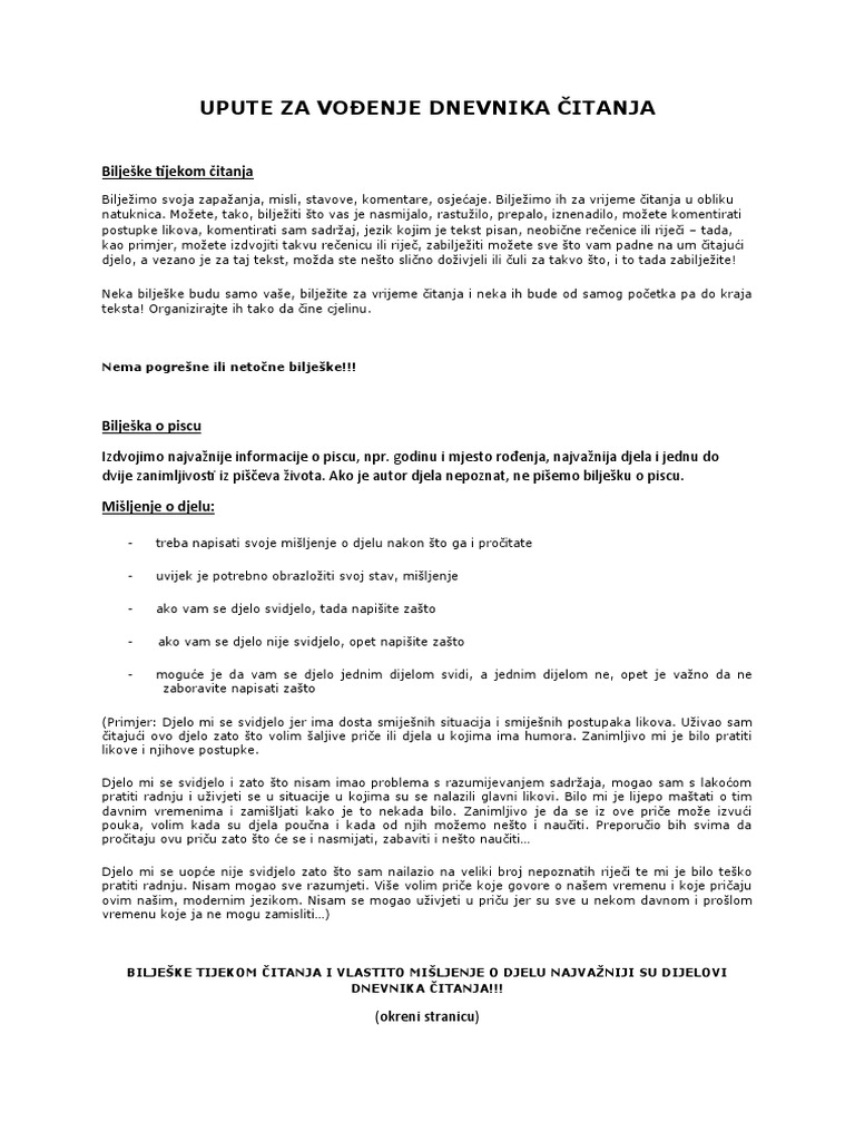 Upute Za Vodenje Dnevnika Citanja | PDF