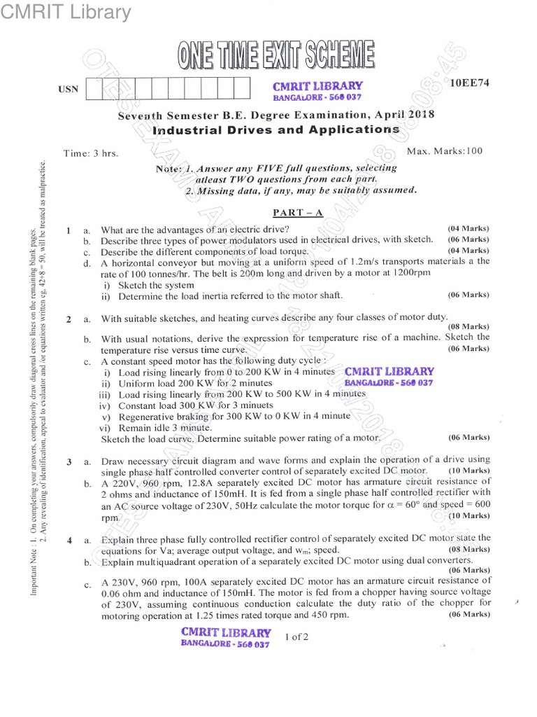VTU OTES Question Paper of 10EE74 Industrial Drives and Applications ...