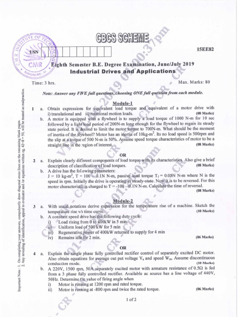 VTU Question Paper of 15EE82 Industrial Drives and Applications Jun ...