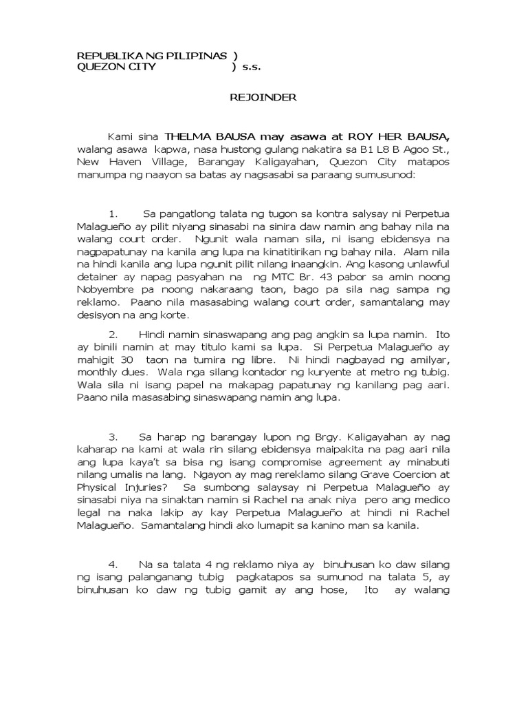 Rejoinder Affidavit - Grave Coercion, PHysaical INjuries Bausa | PDF