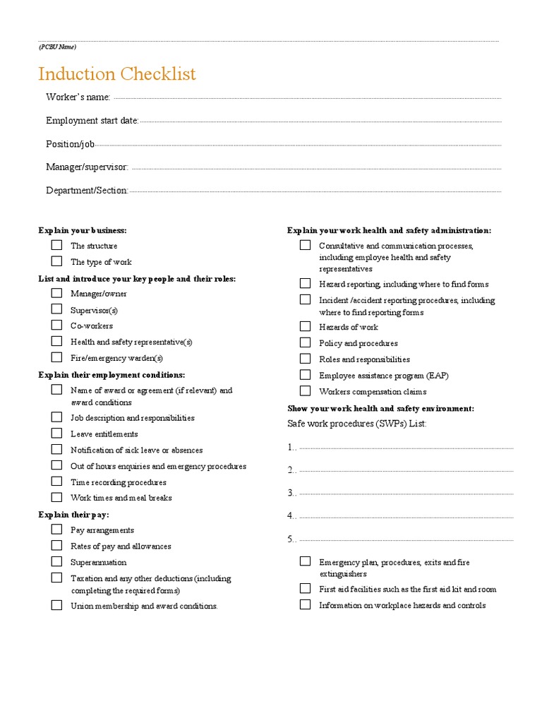 Induction Checklist: Worker's Name: Employment Start Date: Position/job ...