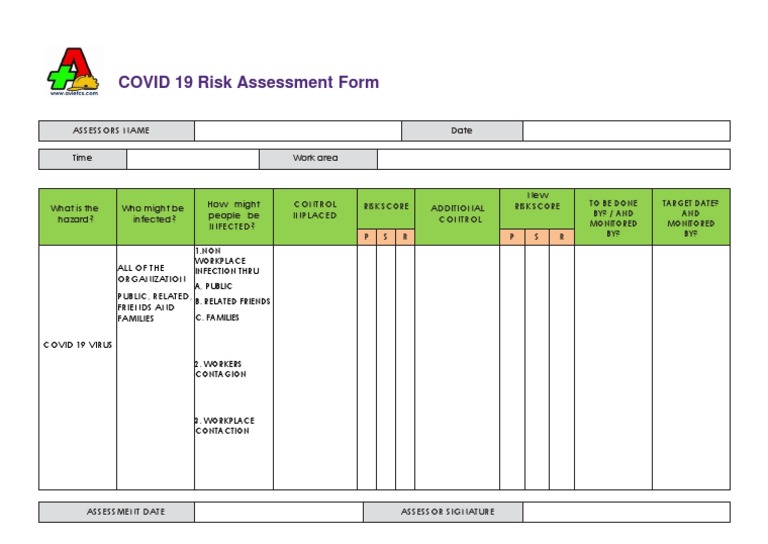 COVID 19 Risk Assessment Form: Assessors Name Date Time Work Area | PDF
