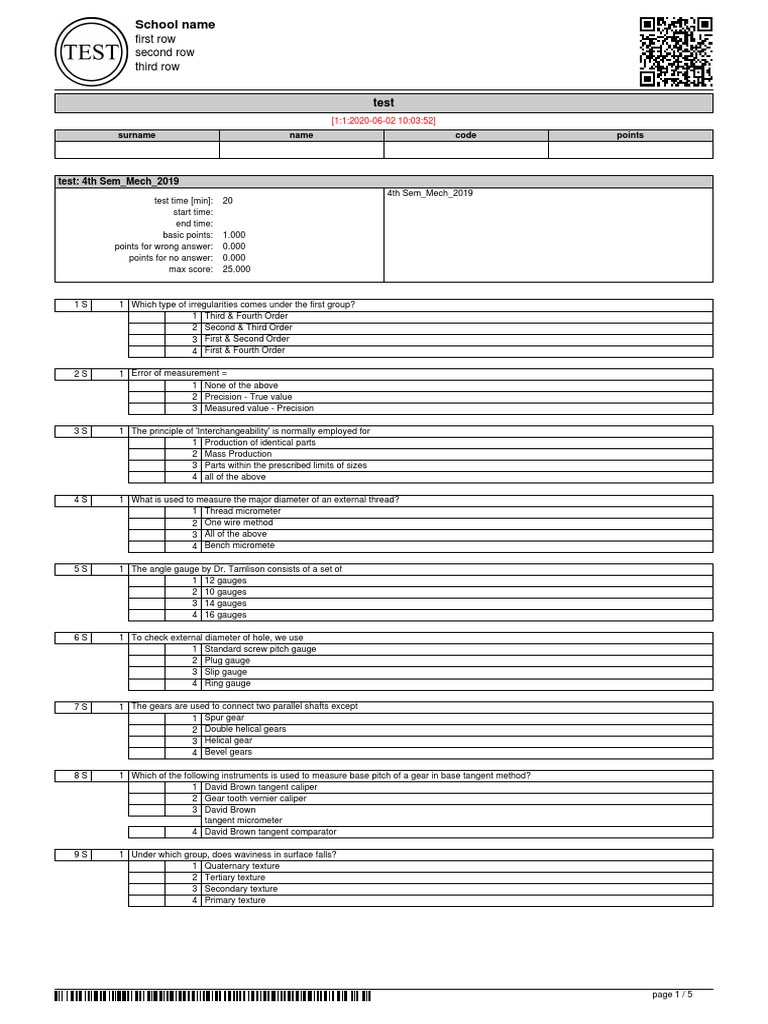 First Row Second Row Third Row: Test: 4th Sem - Mech - 2019 | PDF ...