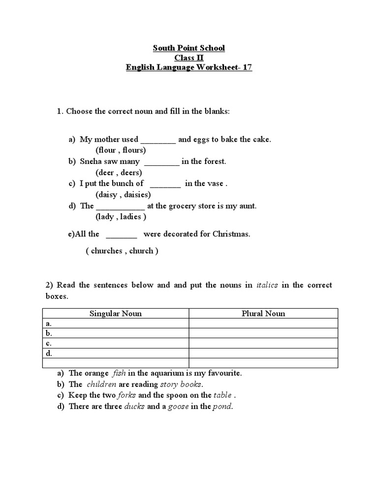 Class II English Worksheet 17 | PDF