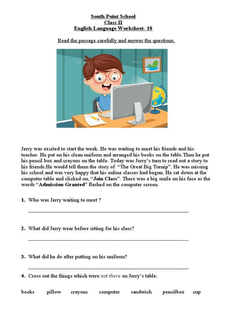 Class II English Worksheet 18 | PDF