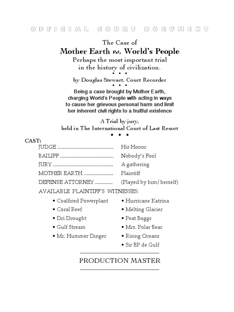 Mother Earth vs. World's People - A Play by Doug Stewart | PDF | Judge ...