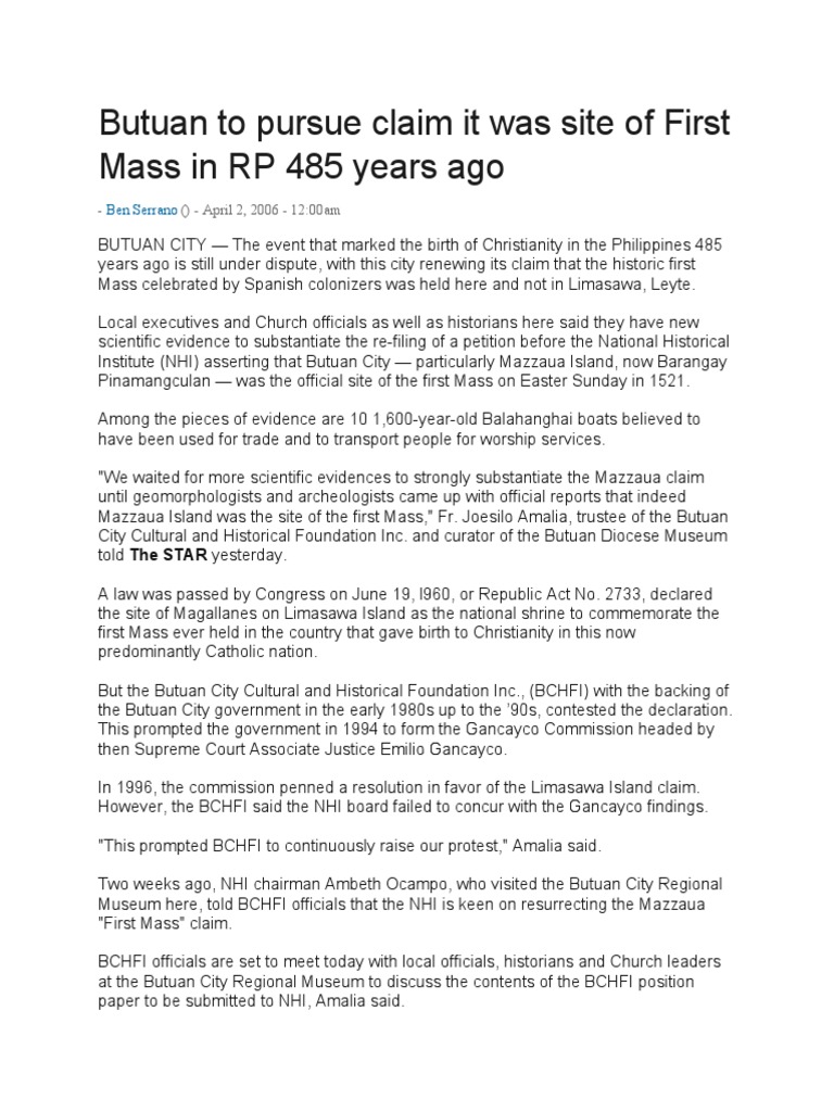 Butuan To Pursue Claim It Was Site of First Mass in RP 485 Years Ago ...