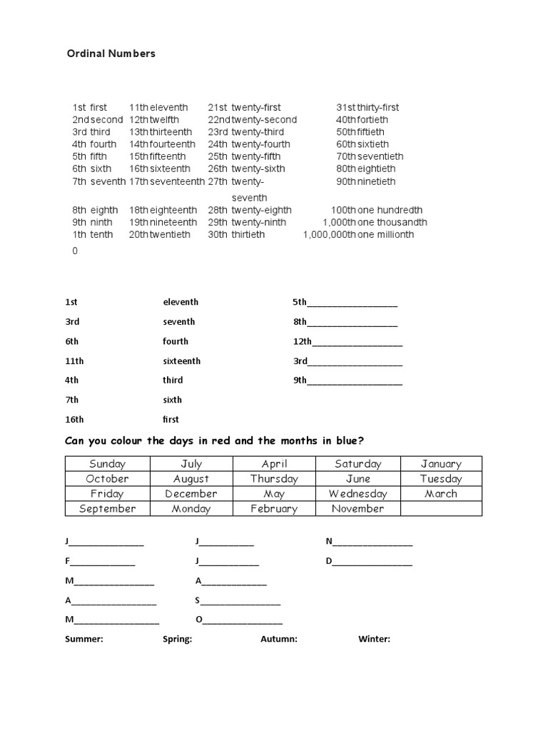 Ordinal Numbers - Exercises | PDF