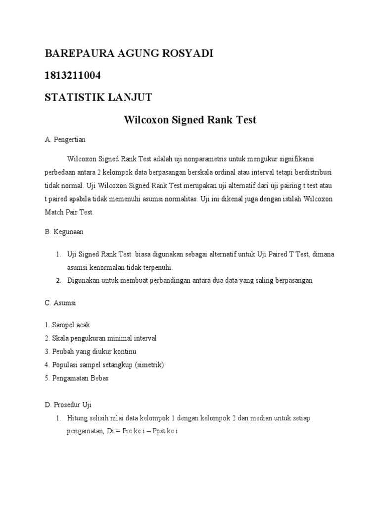 Uji Wilcoxon Signed Rank Test dan Aplikasinya | PDF