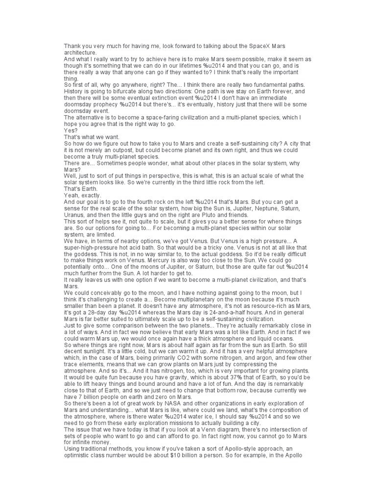 2016 TRANSCRIPT Making Life Multiplanetary | PDF | Rocket Propellant | Rocket