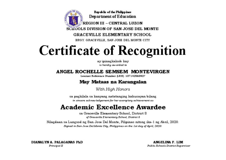 Certificate of Recognition: Academic Excellence Awardee | PDF
