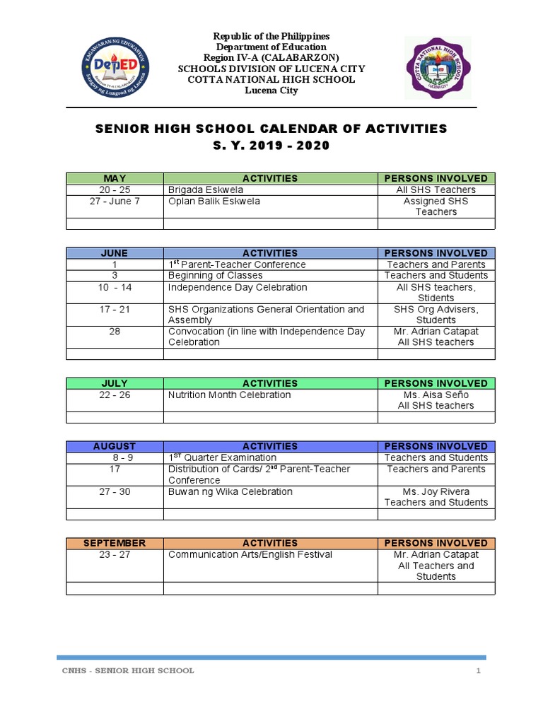 SHS Calendar of Activities | PDF | Educational Stages | Behavior ...