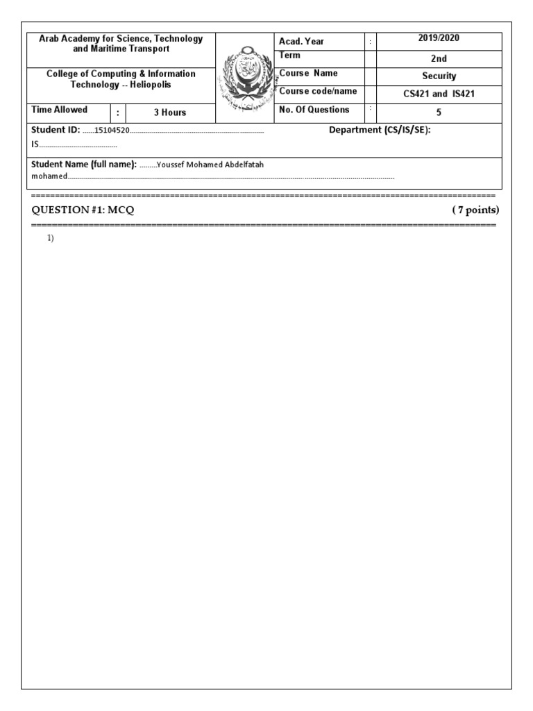 Security Exam: CS421/IS421 2019/2020 | PDF | Key (Cryptography) | Cryptography