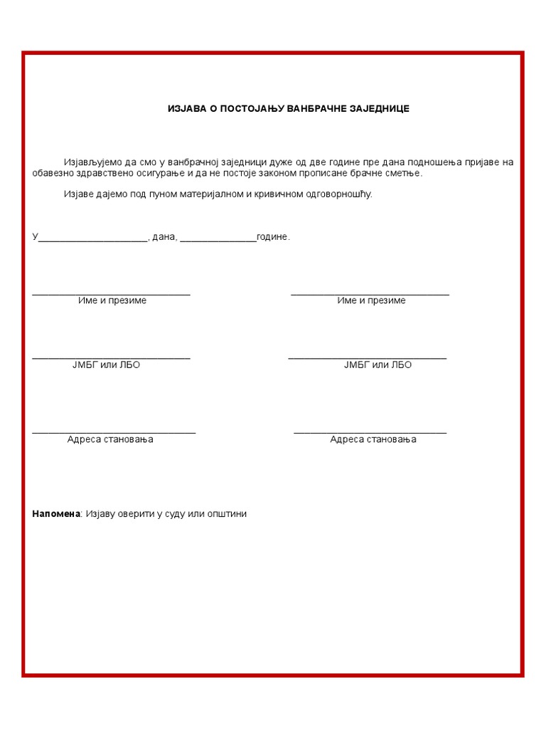 Izjava Vanbracna PDF | PDF