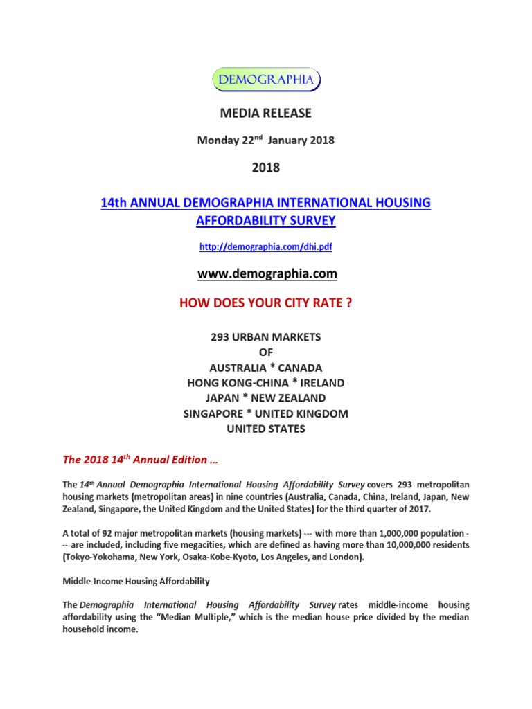 14Th Annual Demographia International Housing Affordability Survey ...