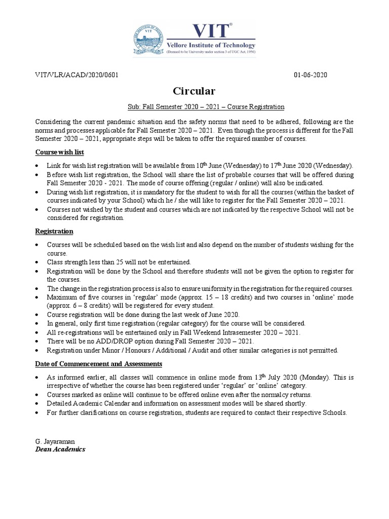Circular On Fall Semester 2020 - 2021 Course Registration | PDF ...