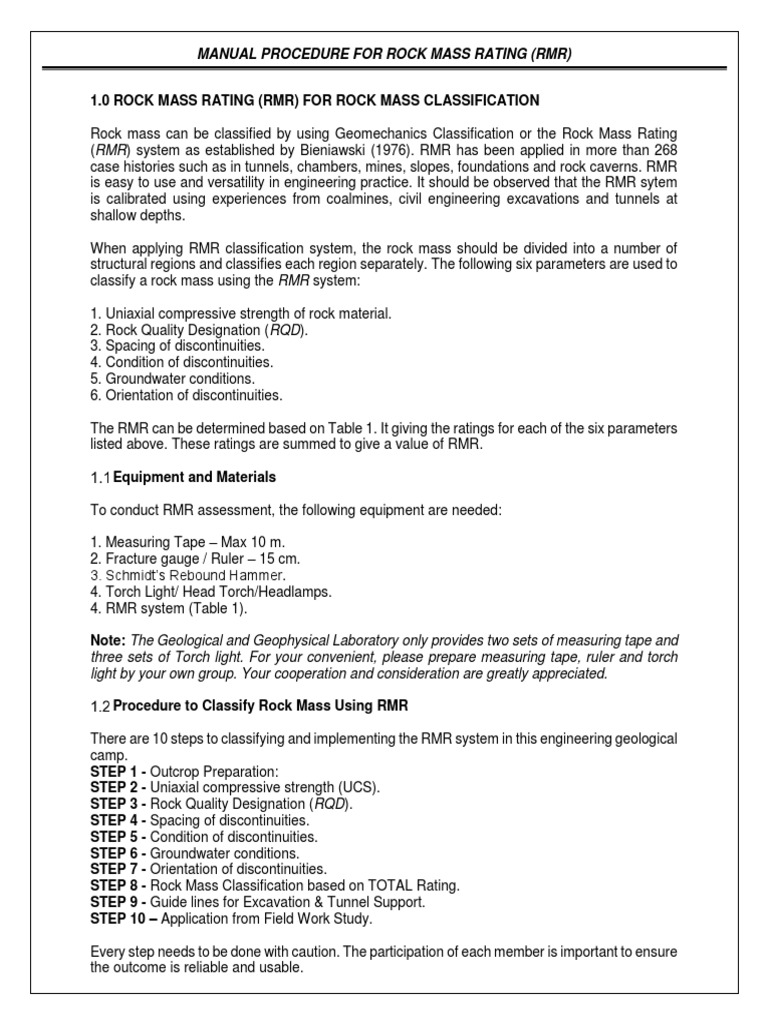 Rock Mass Rating (RMR) Manual Guide | PDF | Nature