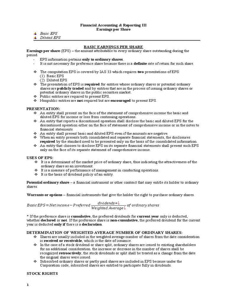 Basic EPS Diluted EPS: Basic EPS Net Income Preferred Dividends ...