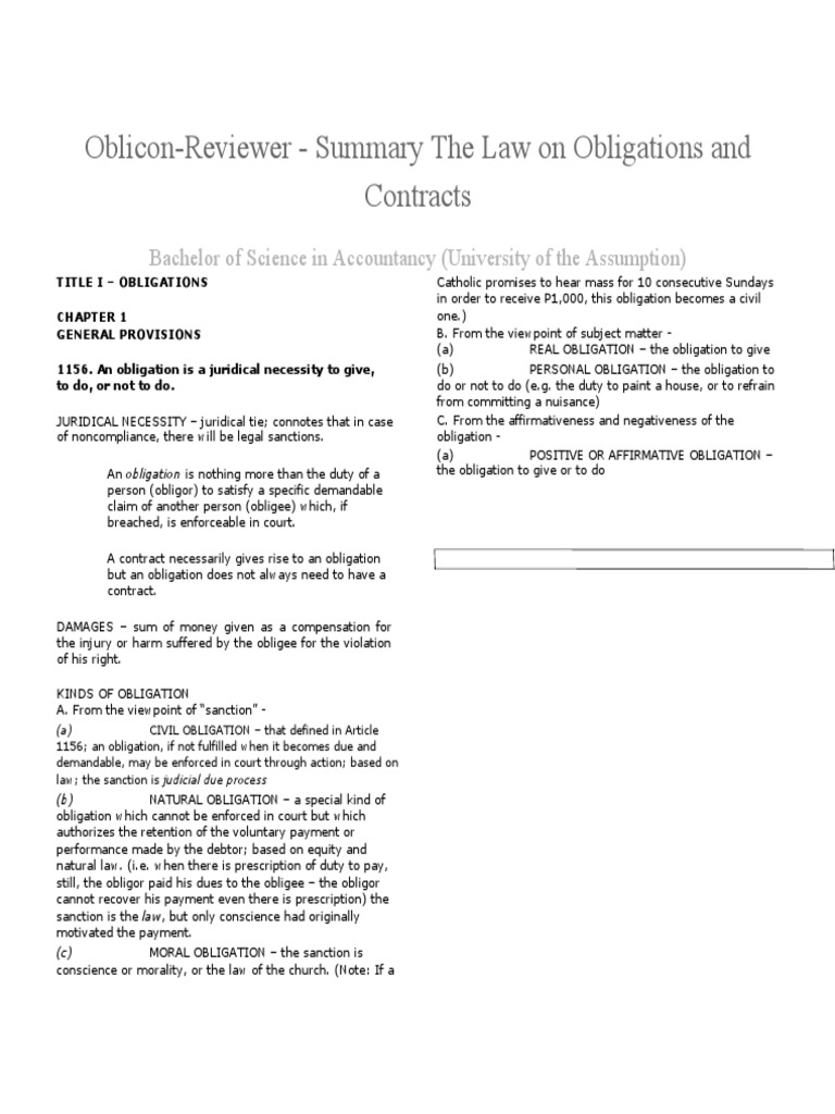 Oblicon Reviewer Summary The Law On Obligations and Contracts - Cropped ...