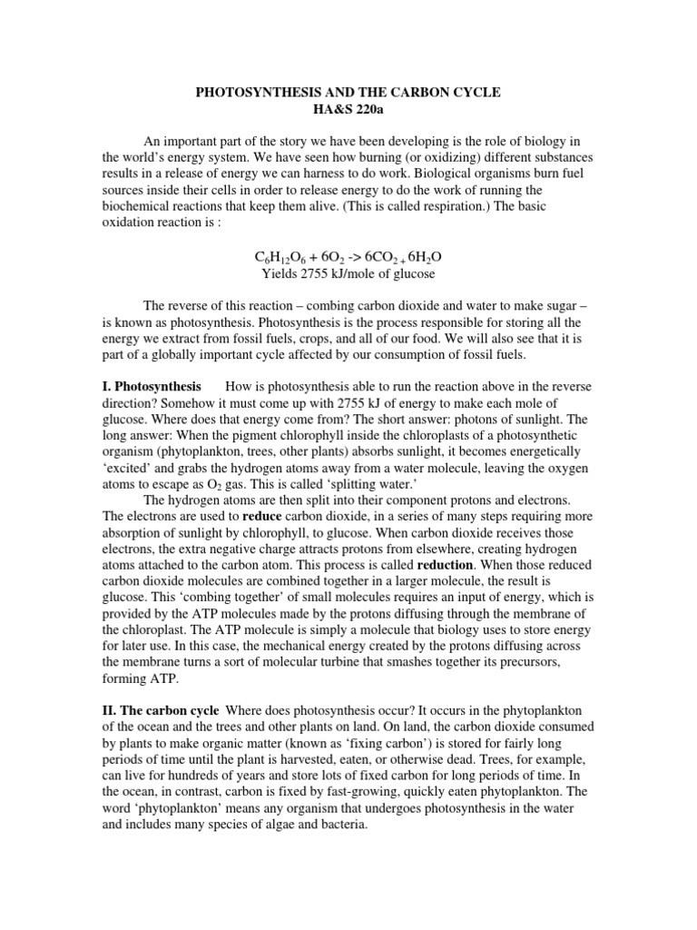 Photosynthesis and The Carbon Cycle HA&S 220a: C H O + 6O - 6CO 6H O ...