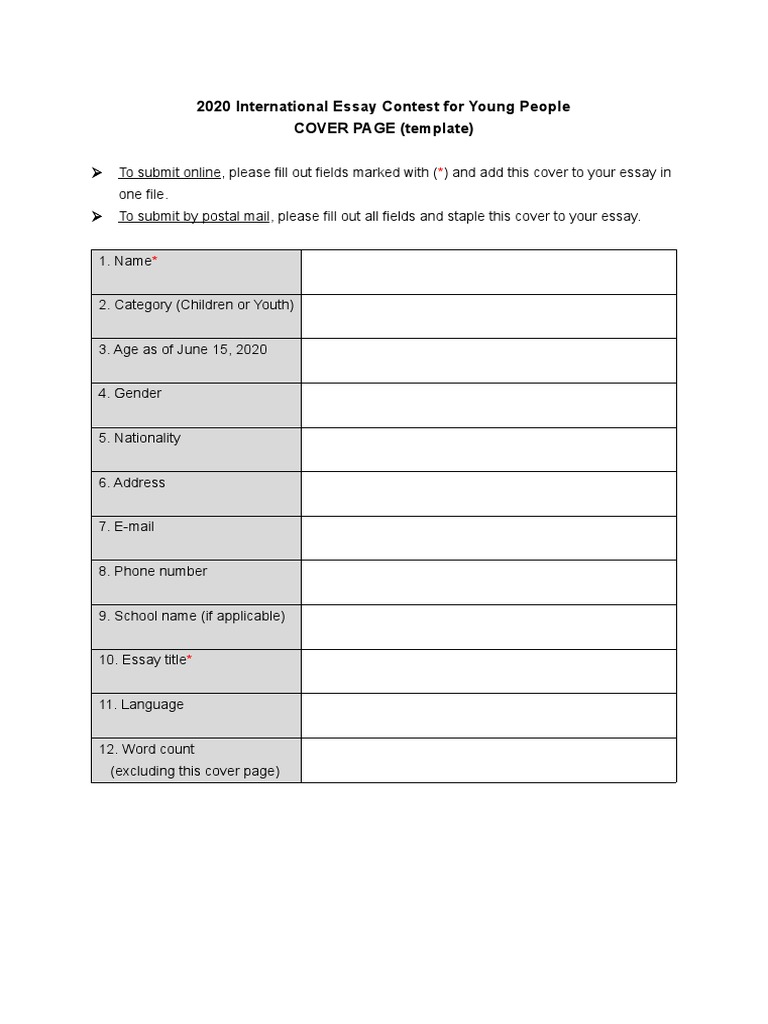 2020 International Essay Contest For Young People COVER PAGE (Template ...