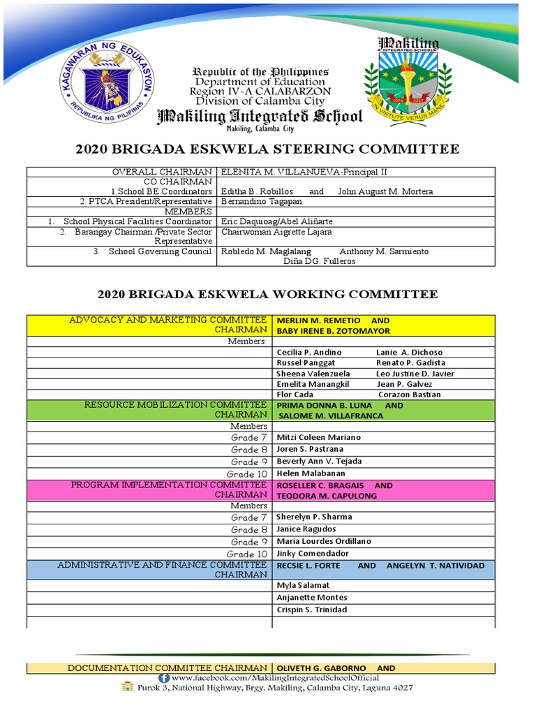 2020 Brigada Eskwela Working Committee | PDF