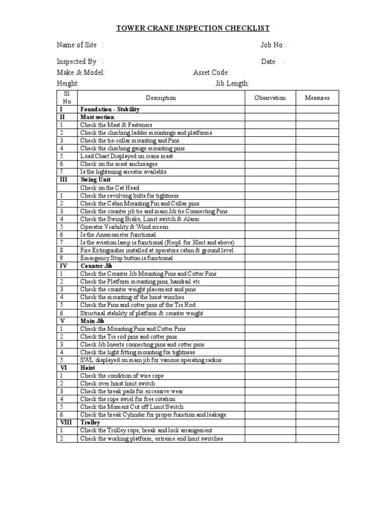 Tower Crane Inspection Checklist | PDF